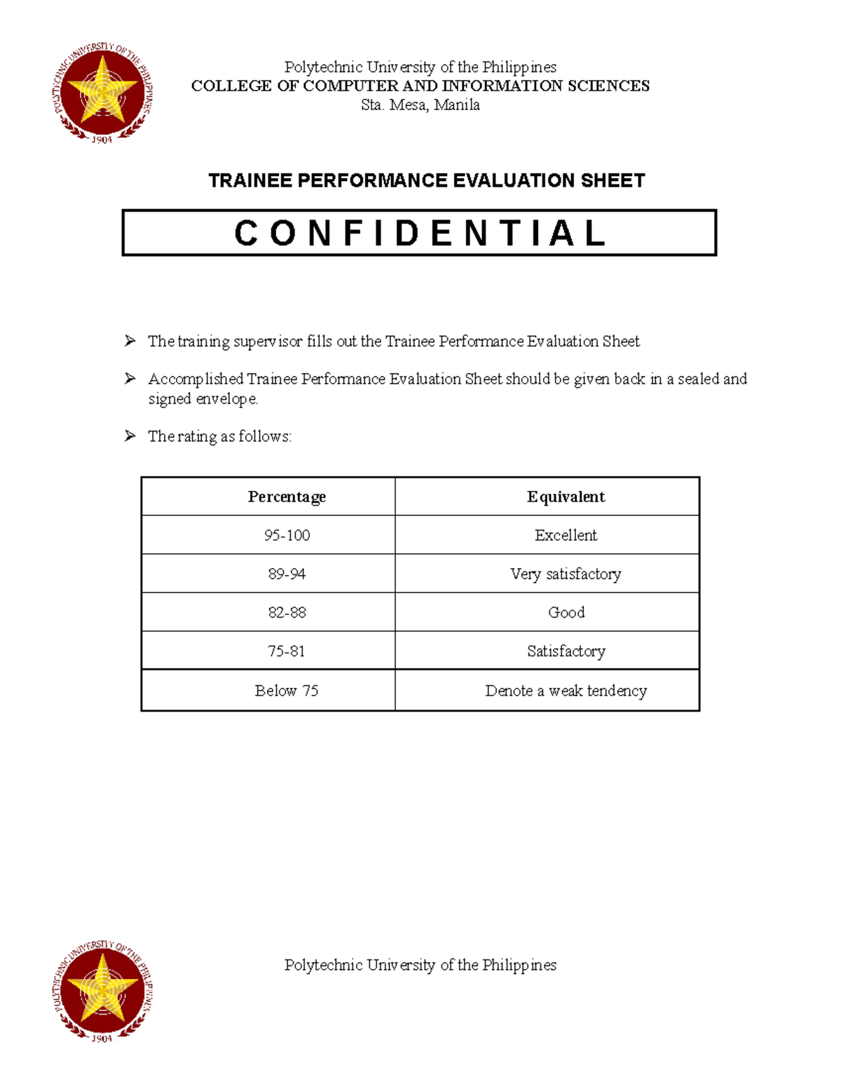 Trainee Performance Evaluation Sheet - Polytechnic University of the ...