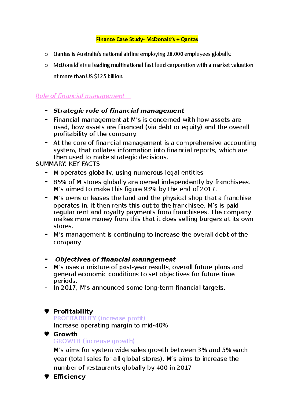 Finance case study- Mcdonald's + Qantas - Finance Case Study- McDonald ...