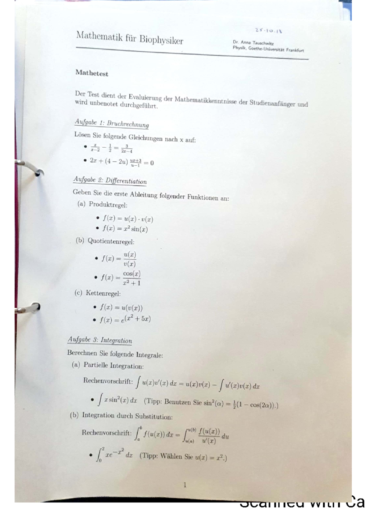 Mathetest 2 - Test zum Kurs Mathe für Biophysiker - Mathematik für ...
