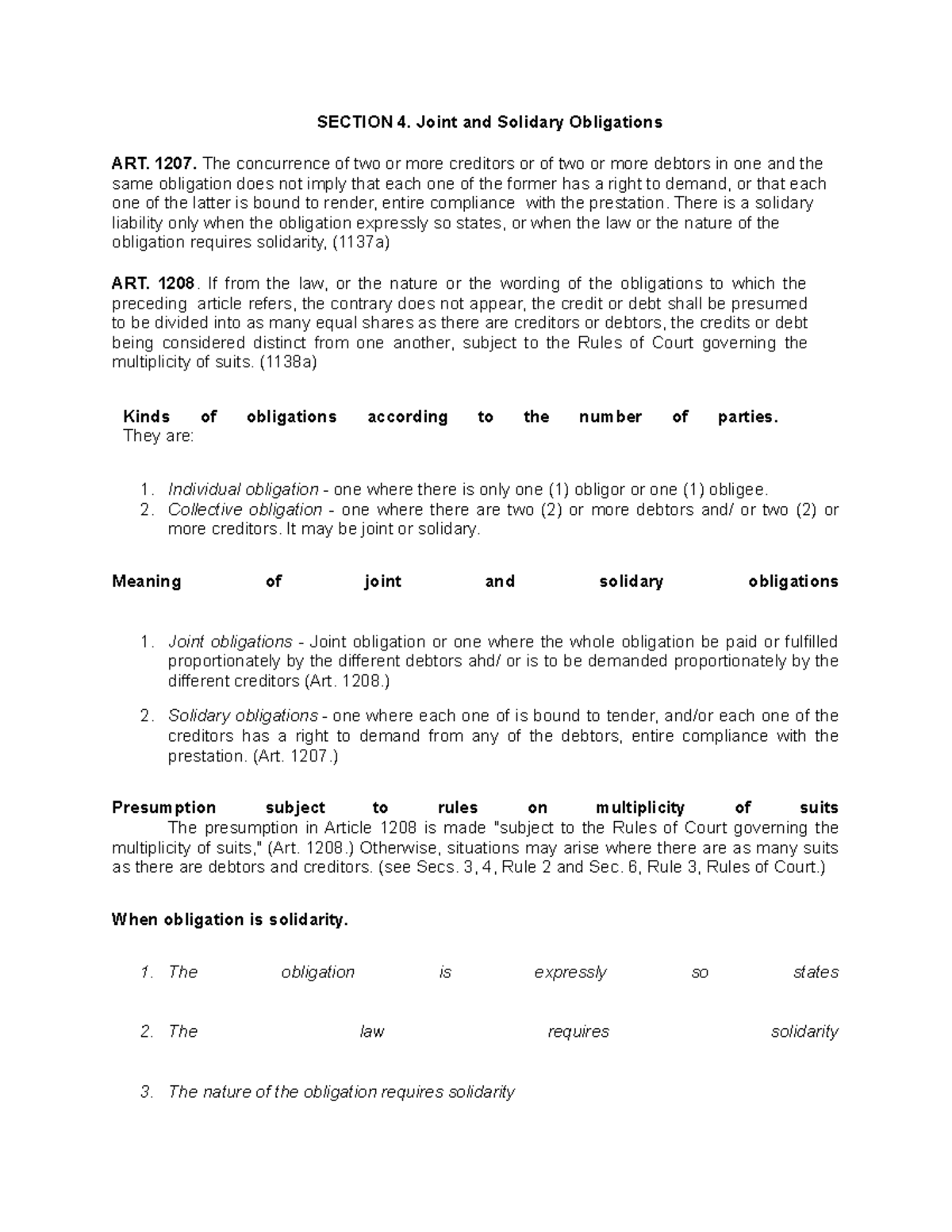 Law on Obligations and Contract - Section 4. Joint and Solidary ...
