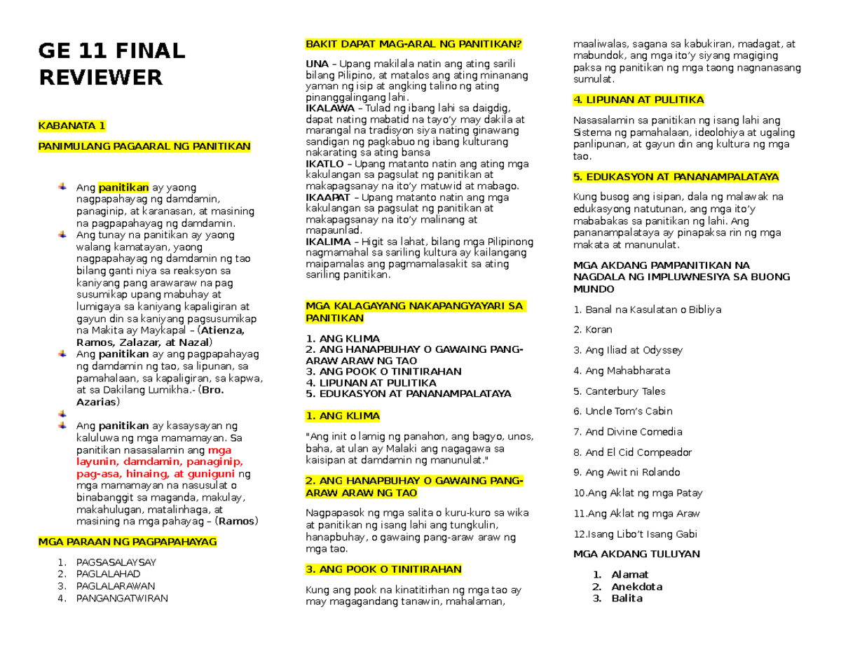 GE11 Final Reviewer - GE 11 FINAL REVIEWER KABANATA 1 PANIMULANG PAGAARAL NG PANITIKAN Ang ...