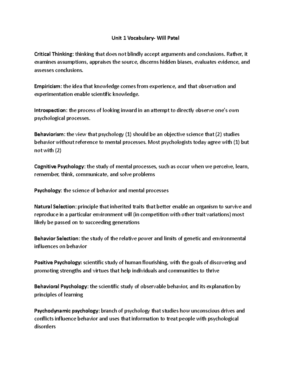 Psych Unit 1 Vocab - Unit 1 Vocabulary- Will Patel Critical Thinking ...