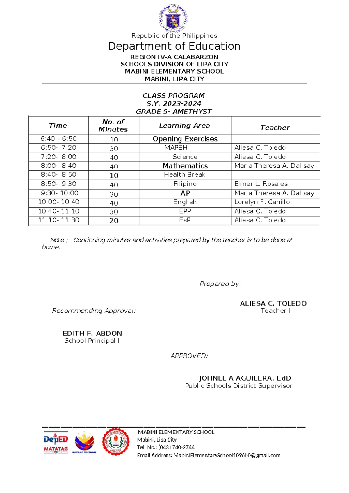 Grade 5 Class Program Half Day Final - Department of Education REGION ...