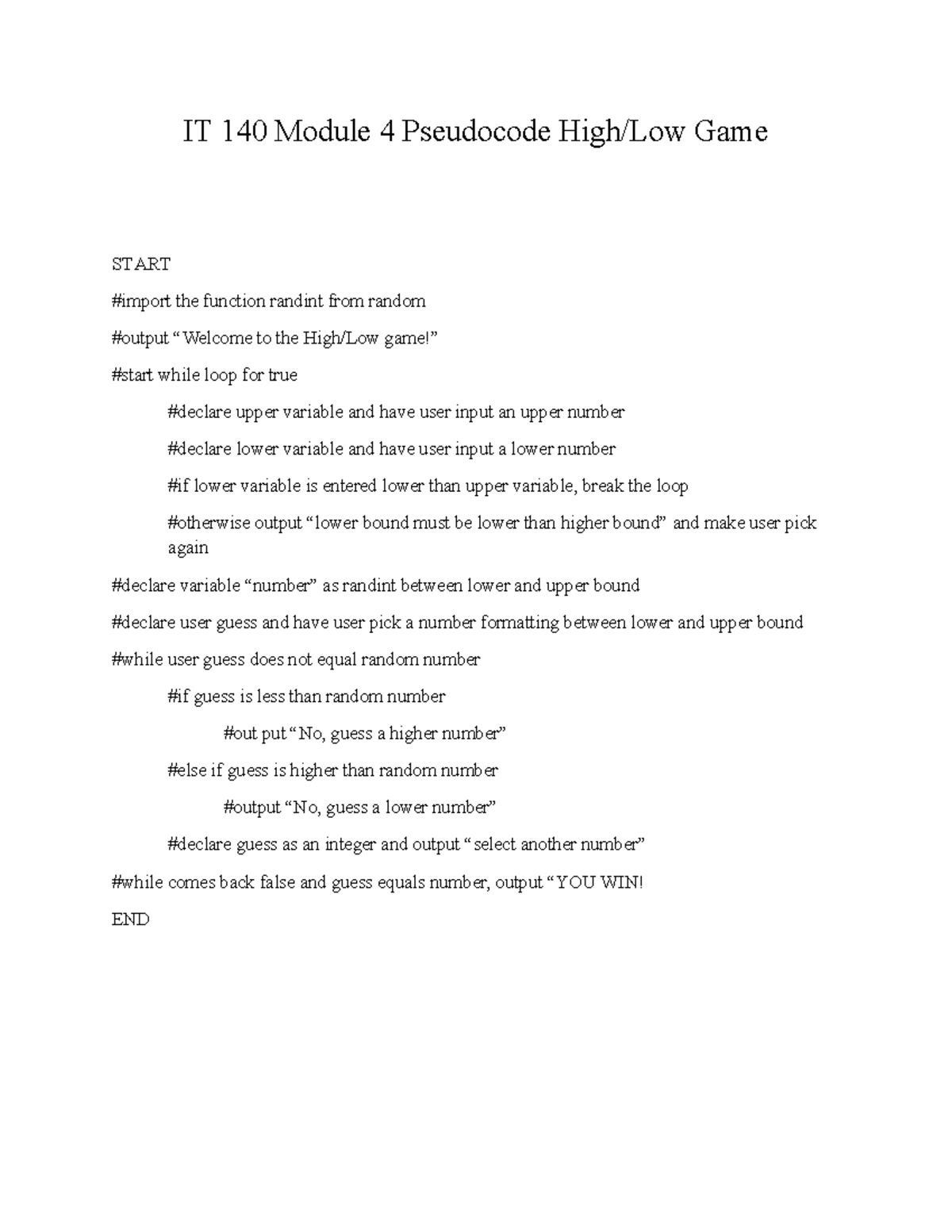 IT 140 Module 4 Pseudocode High/Low game - Studocu