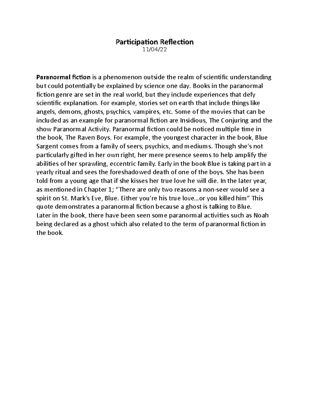 Participation Reflection 2 - Participation Reflection 11/04/ Paranormal ...