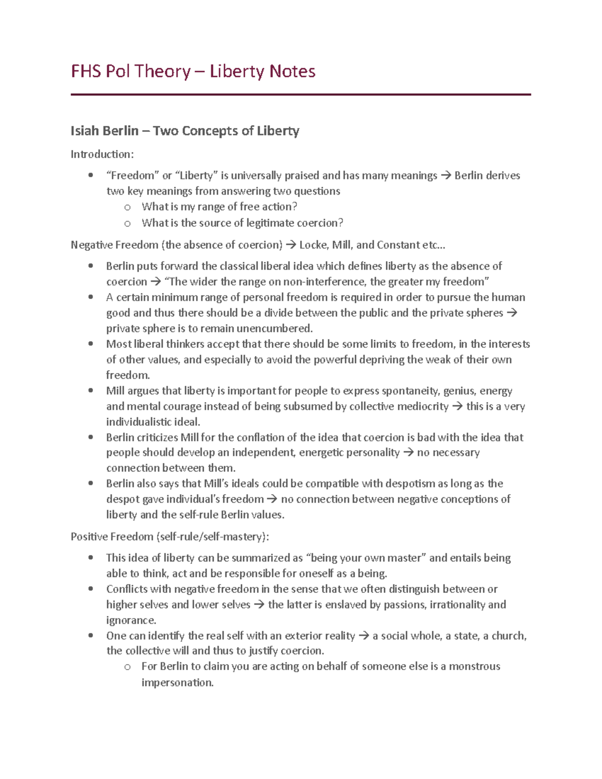 Pol Theory Liberty Notes - FHS Pol Theory – Liberty Notes Isiah Berlin ...