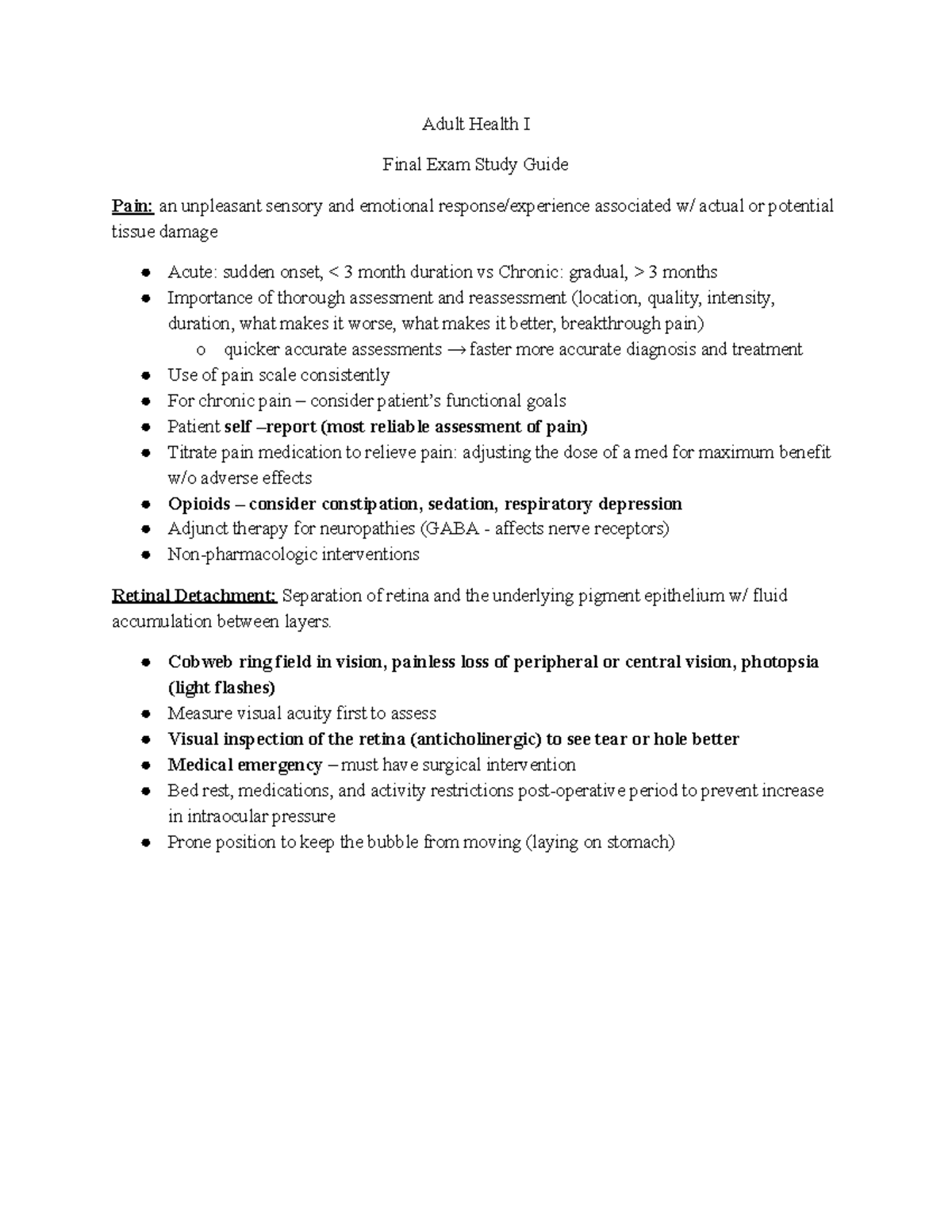 Adult Health I Final Study Guide - Adult Health I Final Exam Study ...