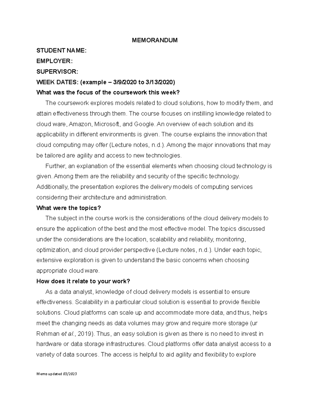 388775856- Memorandum Template - MEMORANDUM STUDENT NAME: EMPLOYER ...