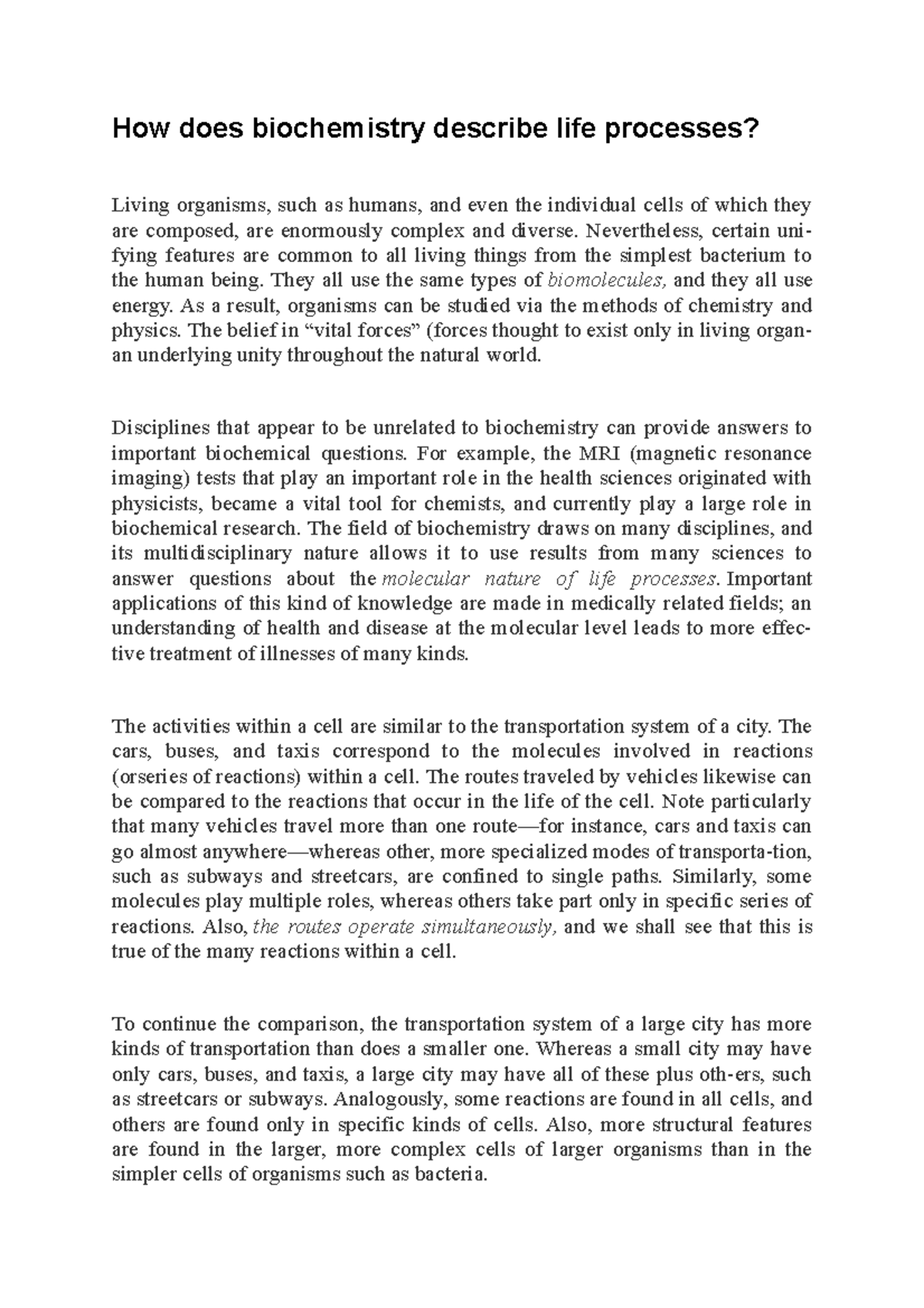 How does biochemistry describe life processes - Nevertheless, certain ...