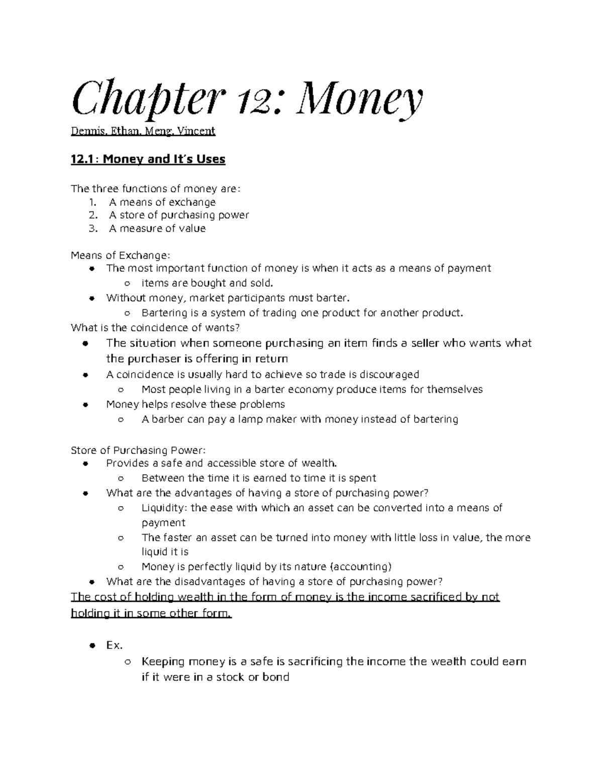 Copy of Chapter 12 weMoney Handout - Chapter 12: Money Dennis, Ethan ...