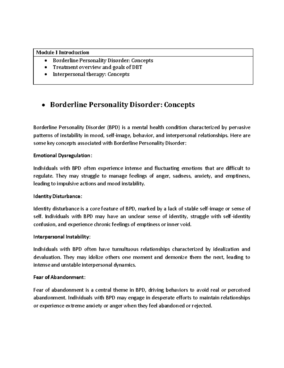 DBT all module notes - Module I Introduction Borderline Personality ...