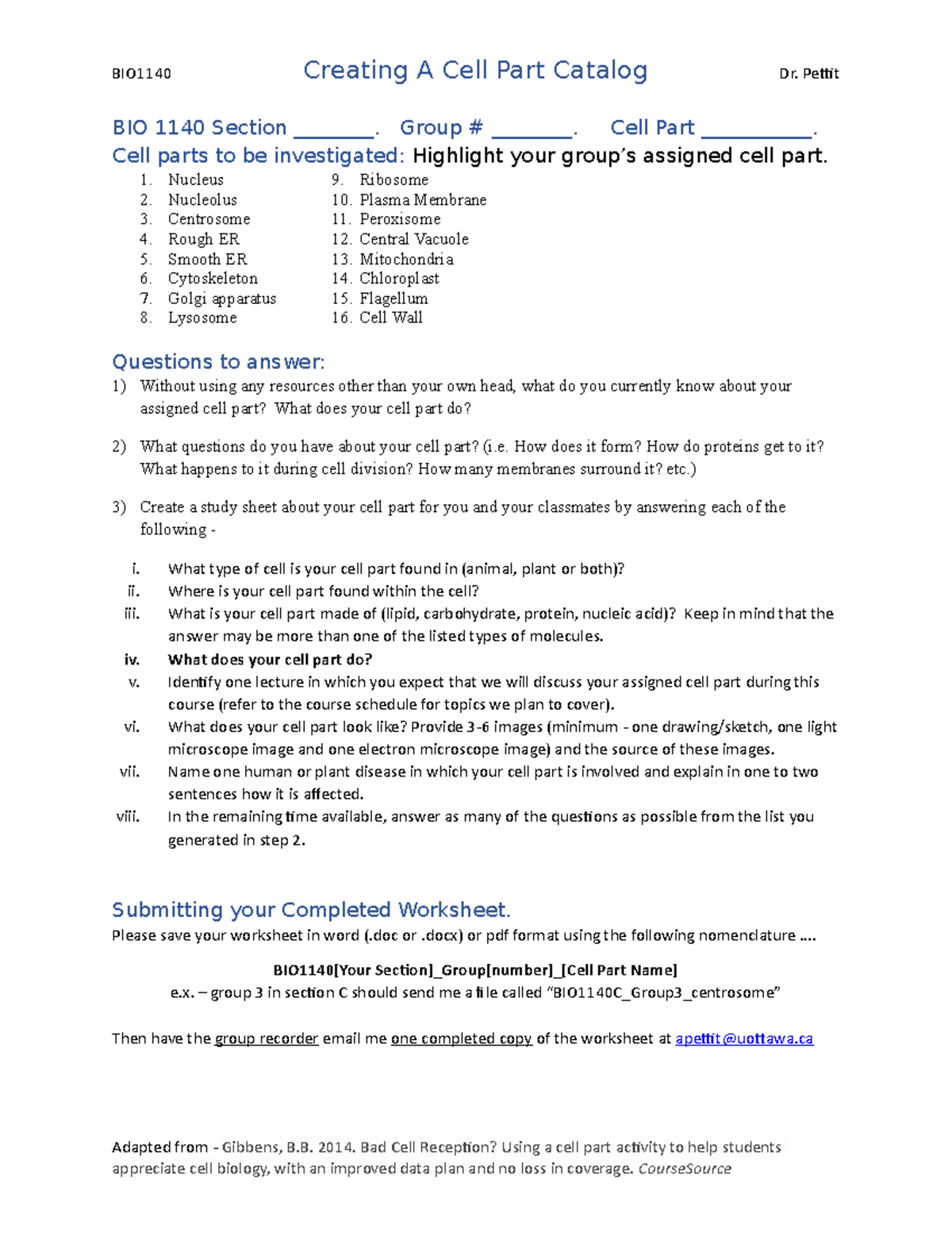BIO1140 Creating a Cell Part Catalog Worksheet - Creating A Cell Part ...