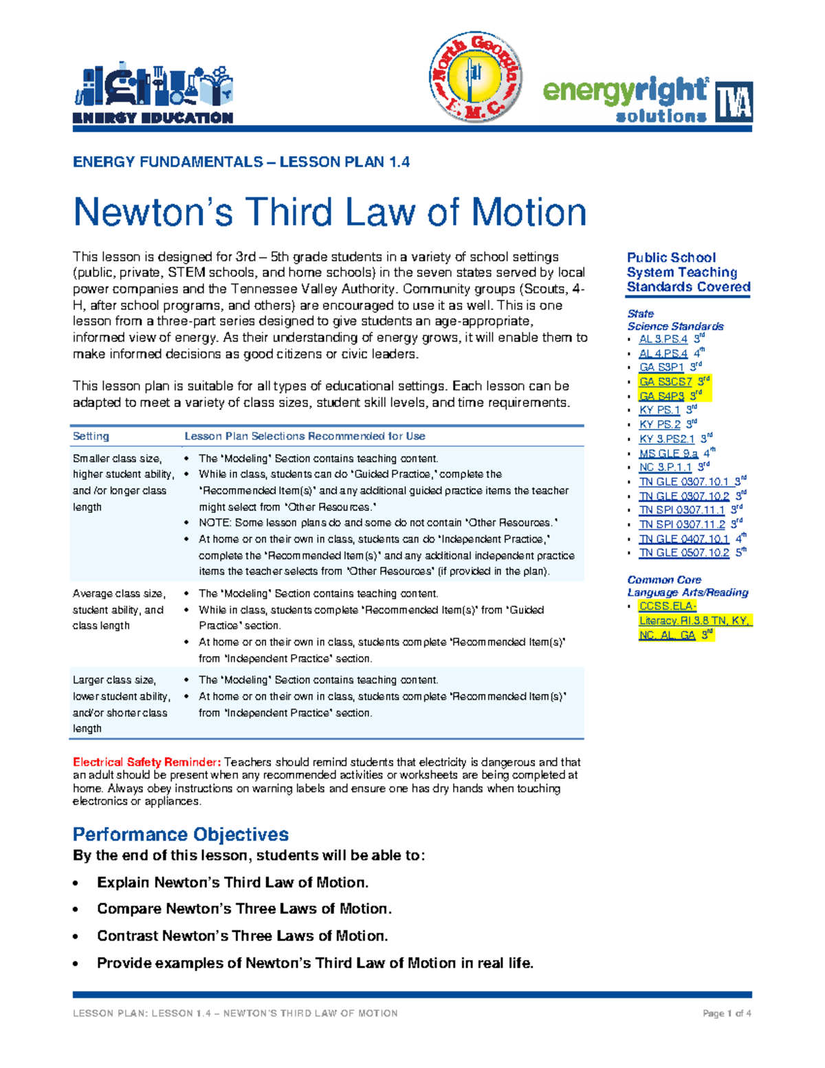 LP 1.4 Newtons Third Law of Motion - ENERGY FUNDAMENTALS – LESSON PLAN ...
