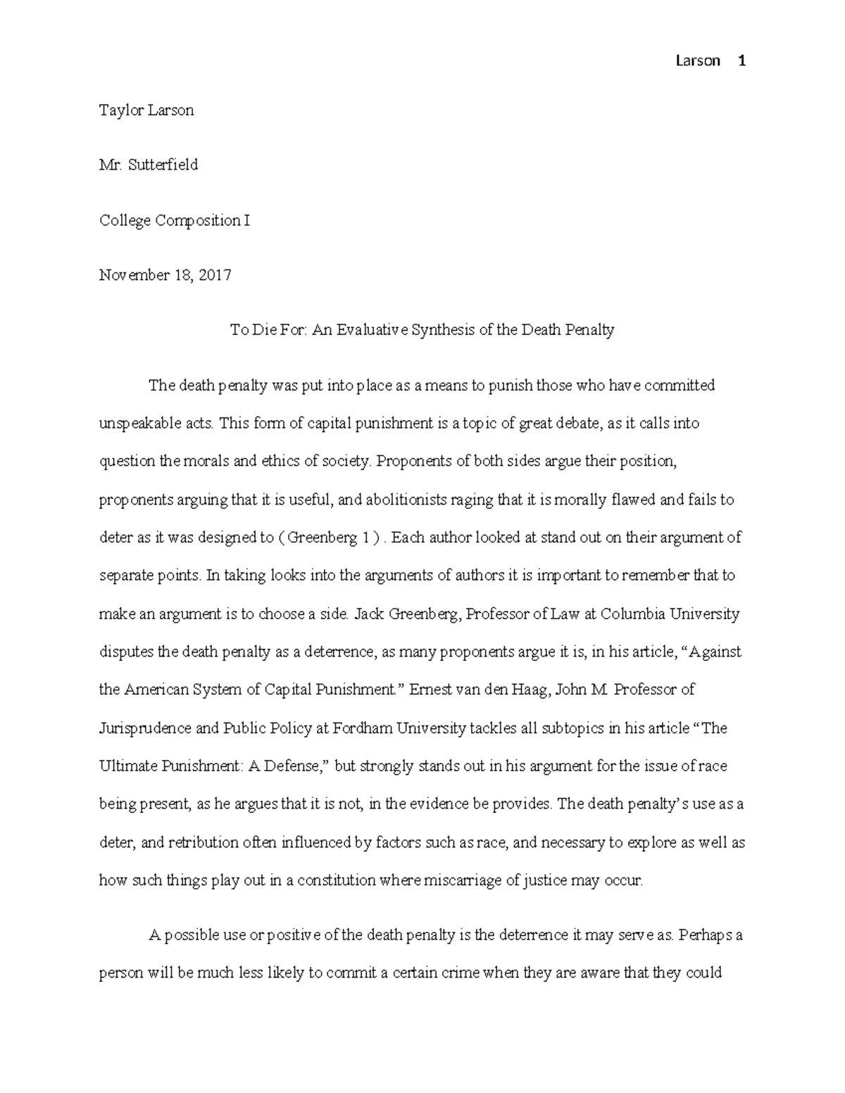 Taylor Larson death penalty - Taylor Larson Mr. Sutterfield College ...