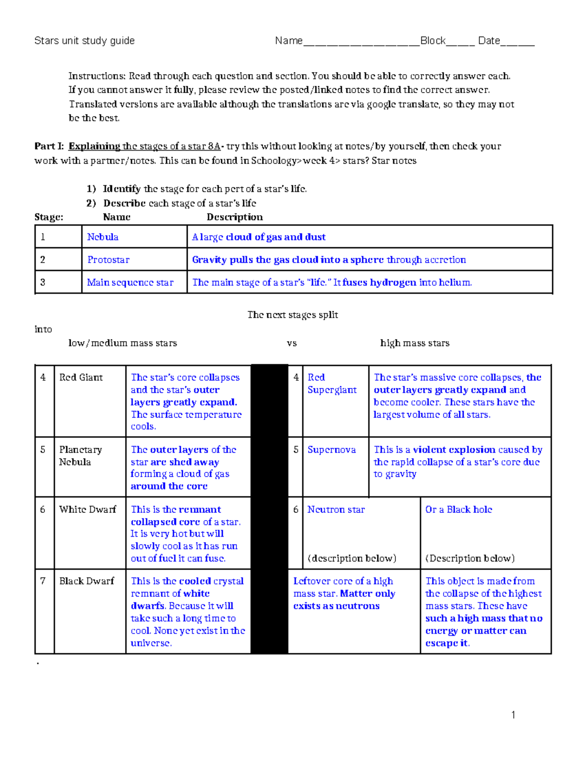Key Copy of Stars Unit Study Guide - Stars unit study guide Name ...
