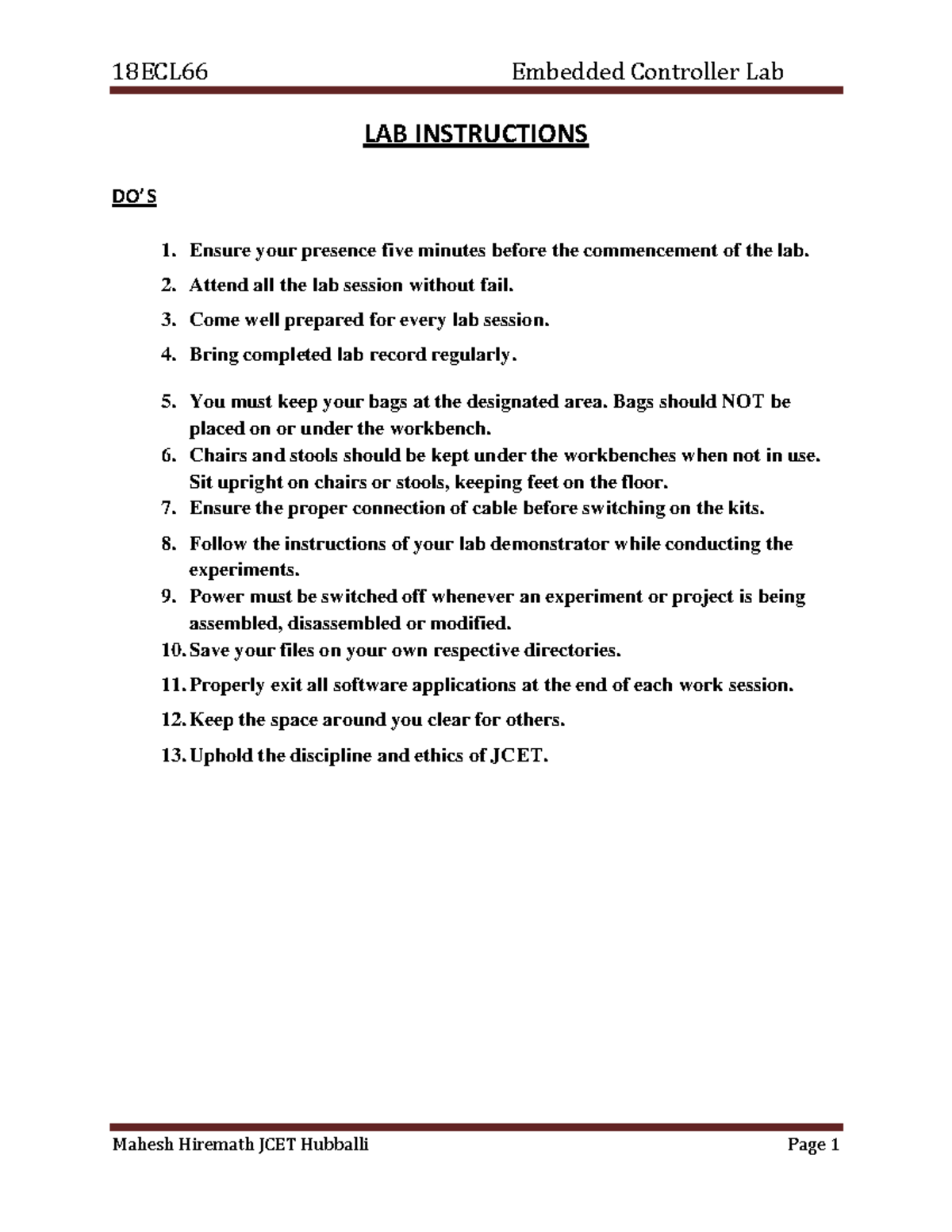 ES-18ECL66 lab manual - LAB INSTRUCTIONS DO’S 1. Ensure your presence ...