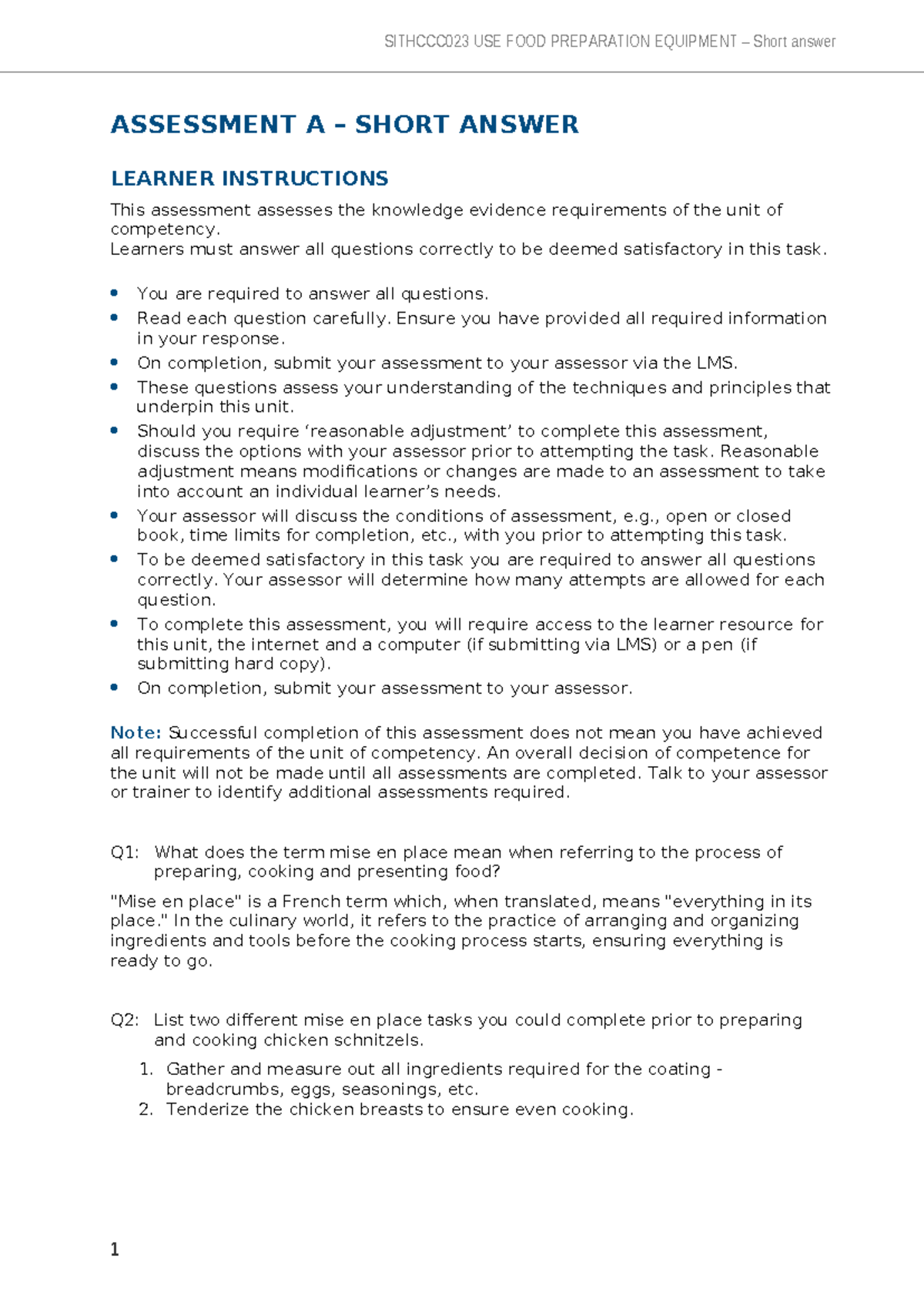 Sithccc 023 Assessment A Short Answer V4-1 Completed - ASSESSMENT A ...