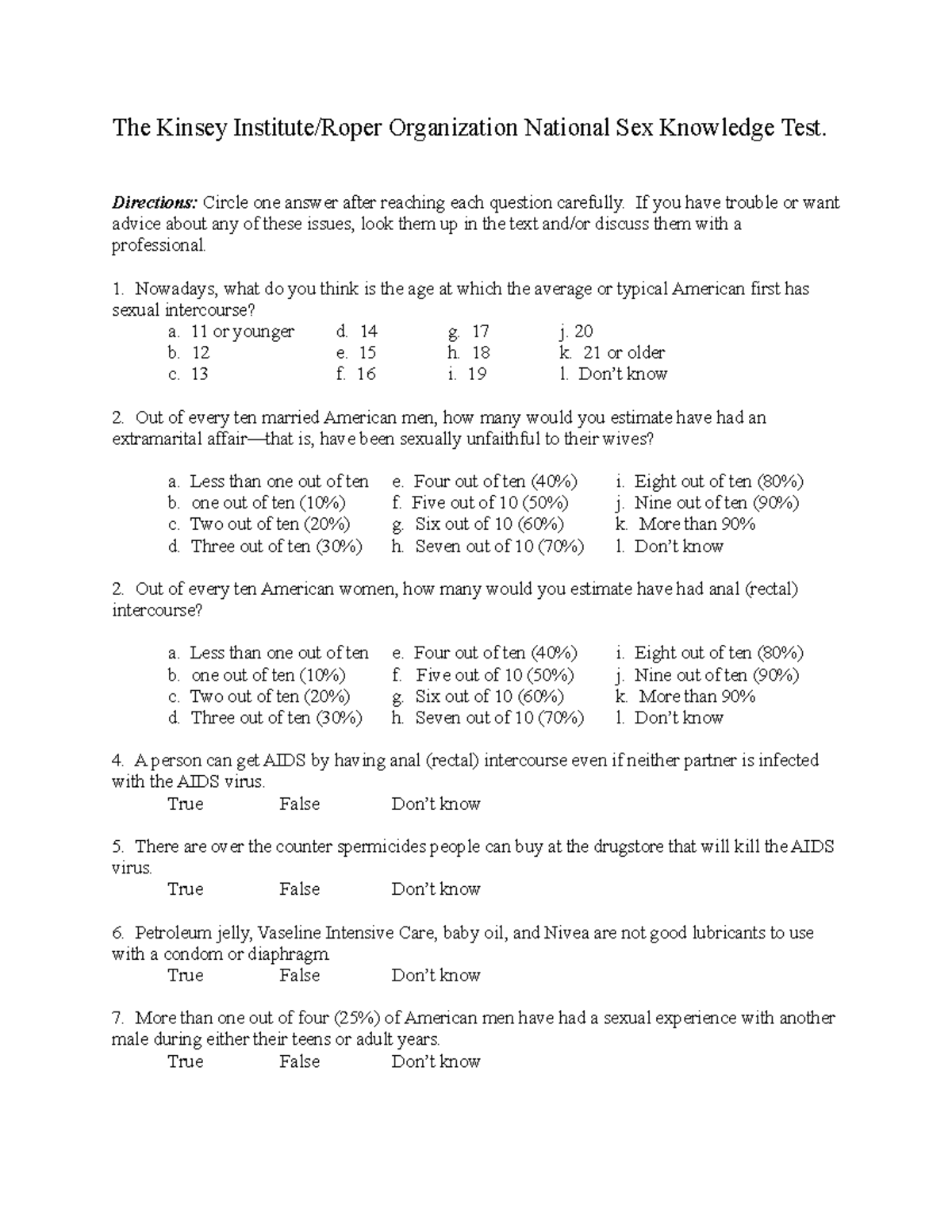 Kinsey Organization National Sex Knowledge Test - Studocu
