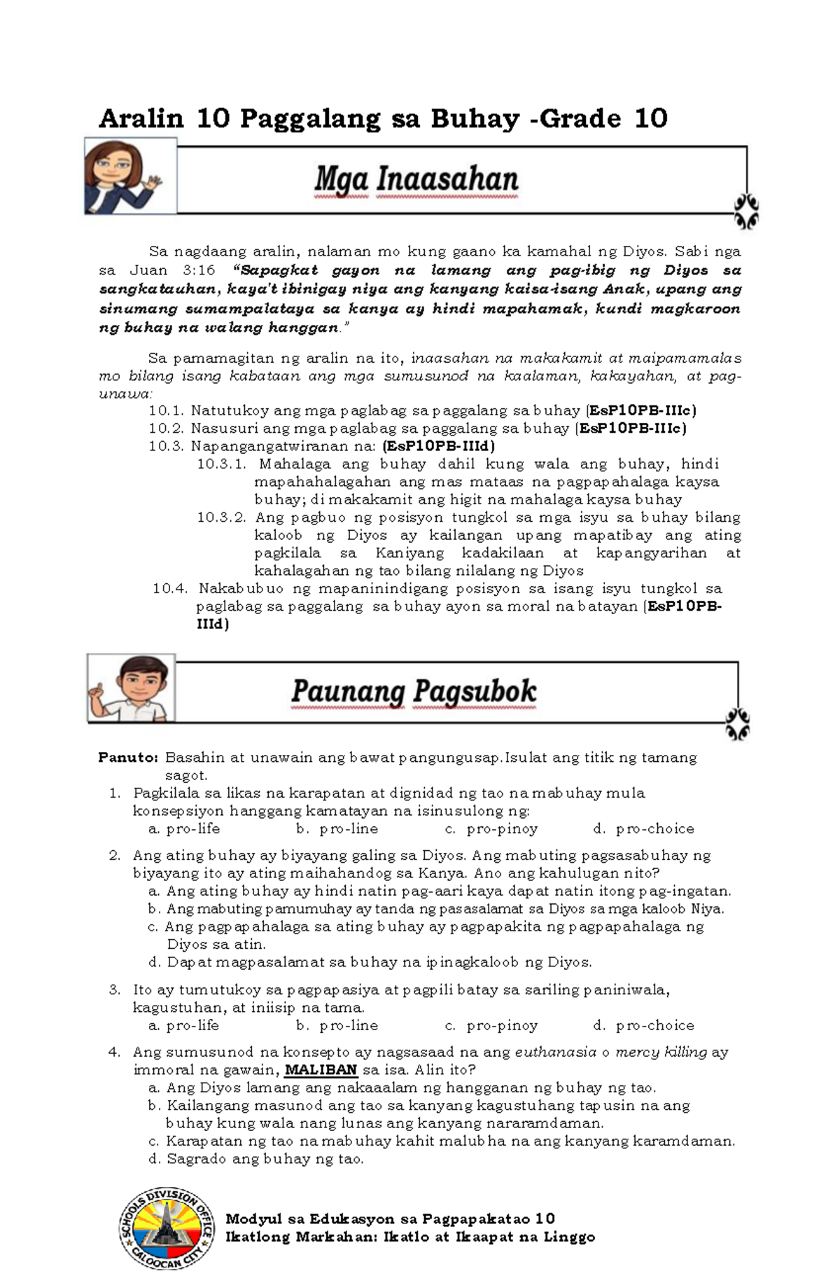 Esp10 Q3 W3 W4 Grde 10 Module Modyul Sa Edukasyon Sa Pagpapakatao 10 Aralin 10 Paggalang Sa