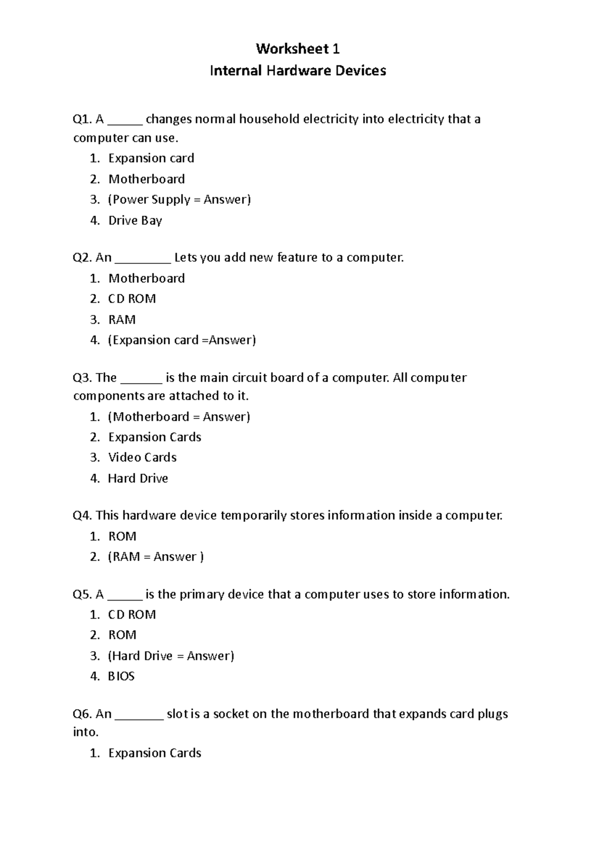 Computer worksheet,Science answer - Worksheet 1 Internal Hardware ...