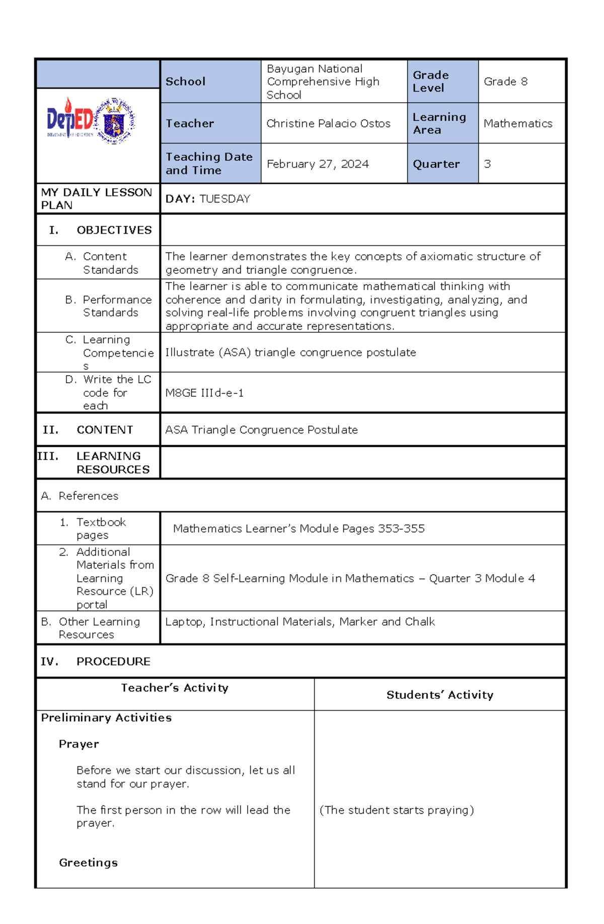 LP-8 ASA Triangle Congruence Postulate - School Bayugan National ...