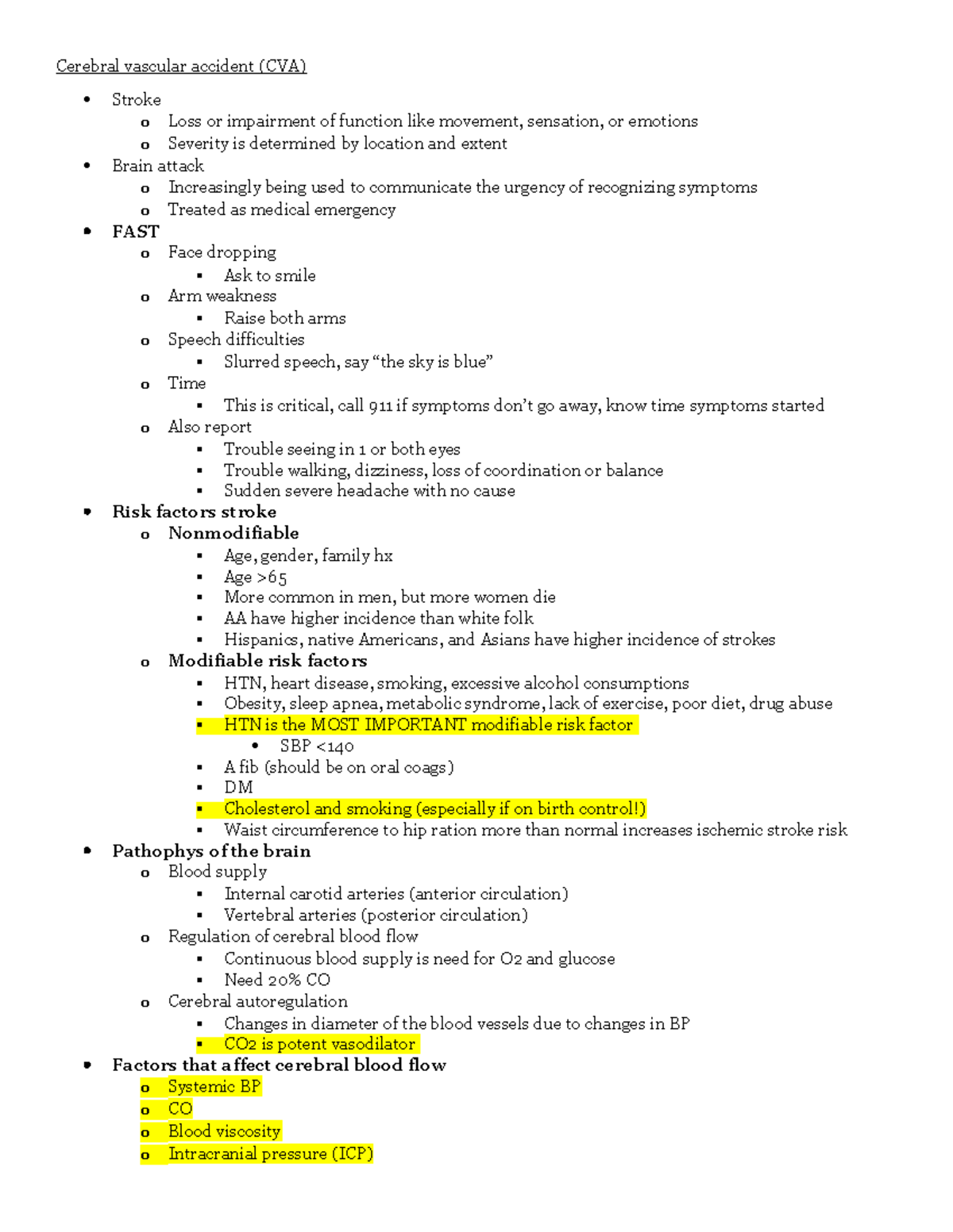 Final Adult T - Cerebral vascular accident (CVA) Stroke o Loss or ...