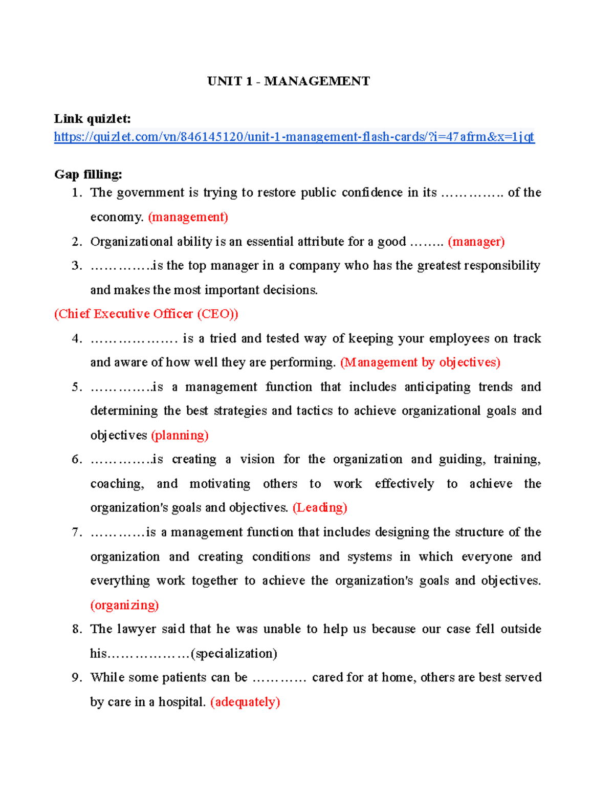 Unit 1. Management - UNIT 1 - MANAGEMENT Link quizlet: - Studocu