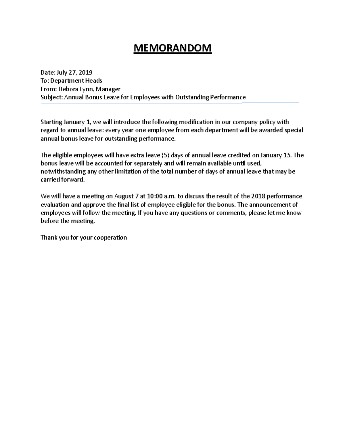 memorandom work - MEMORANDOM Date: July 27, 2019 To: Department Heads ...