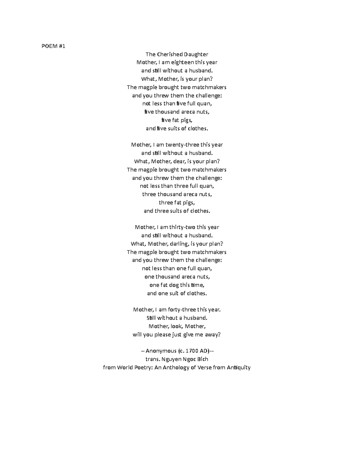 POEM in vietnam with questions - POEM The Cherished Daughter Mother, I ...
