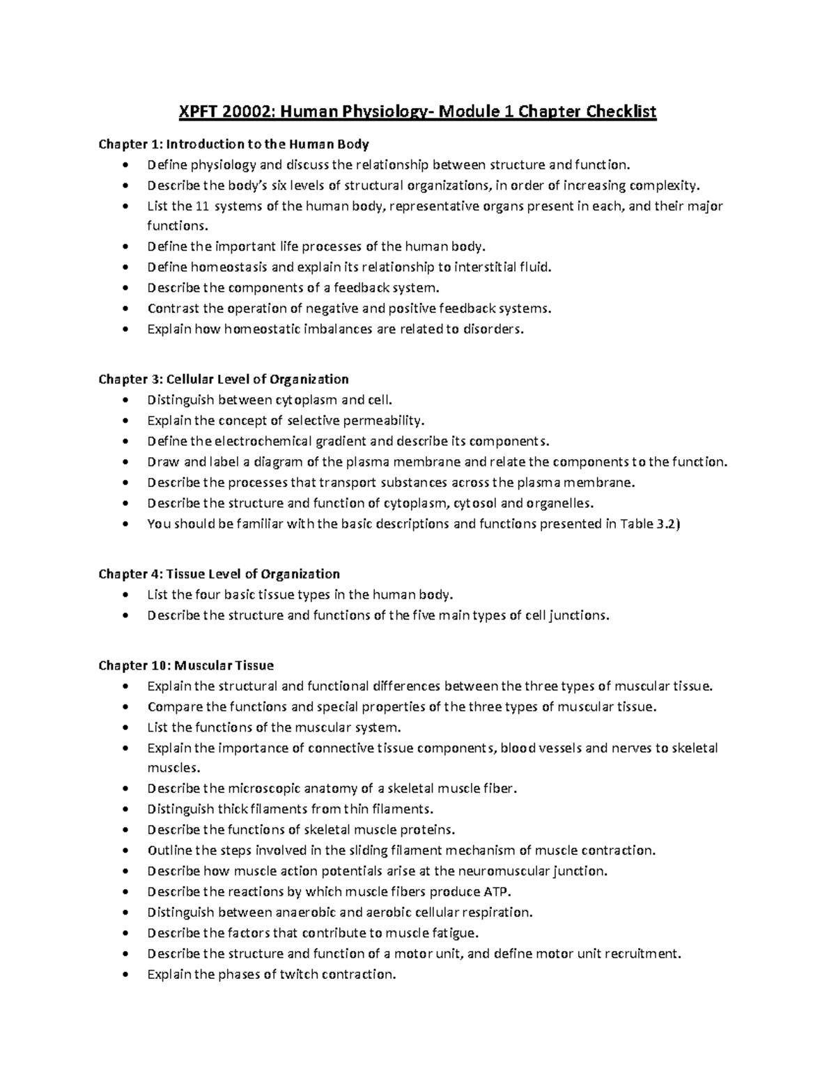 Module 1 Chapter Checklist - XPFT 2000 2 : Human Physiology- Module 1 ...