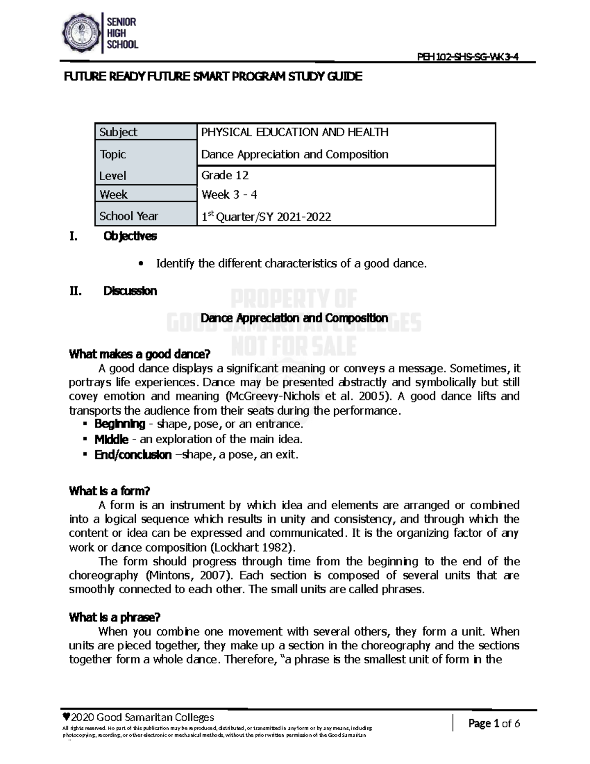 SHS PEH102 WK3 4 - Physical Health - PEH 102 - SHS-SG-WK 3 - 4 2020 ...