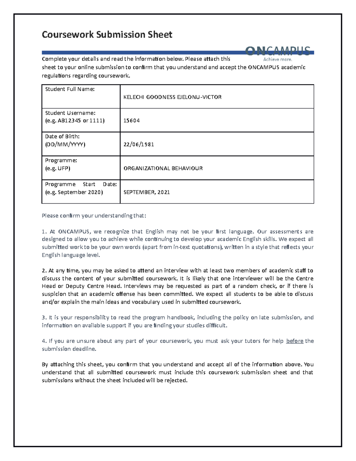 Final Report ON Organizational Behavior - Coursework Submission Sheet ...
