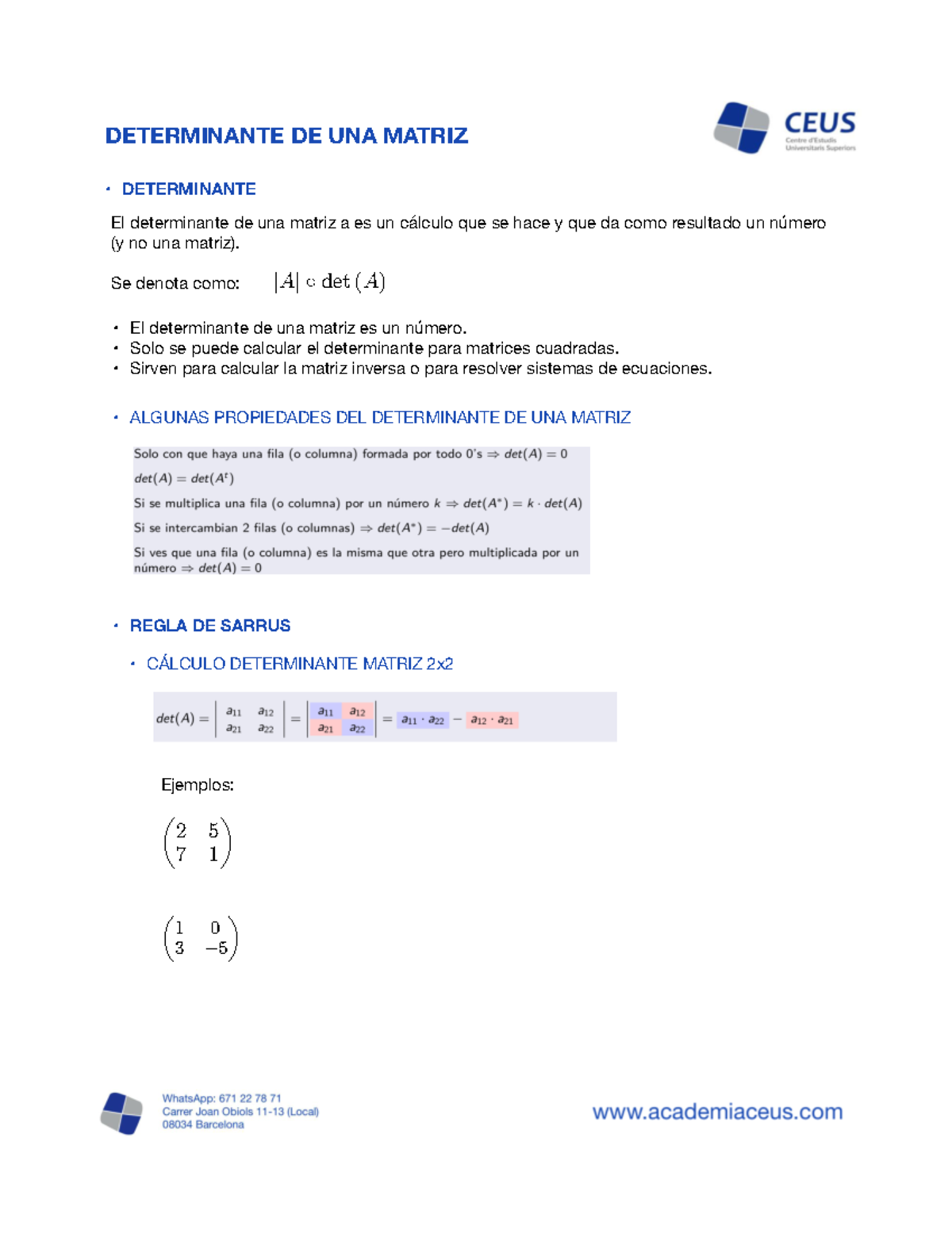 Determinante Y Rango DE UNA Matriz - jAj ± det (A) El determinante de ...