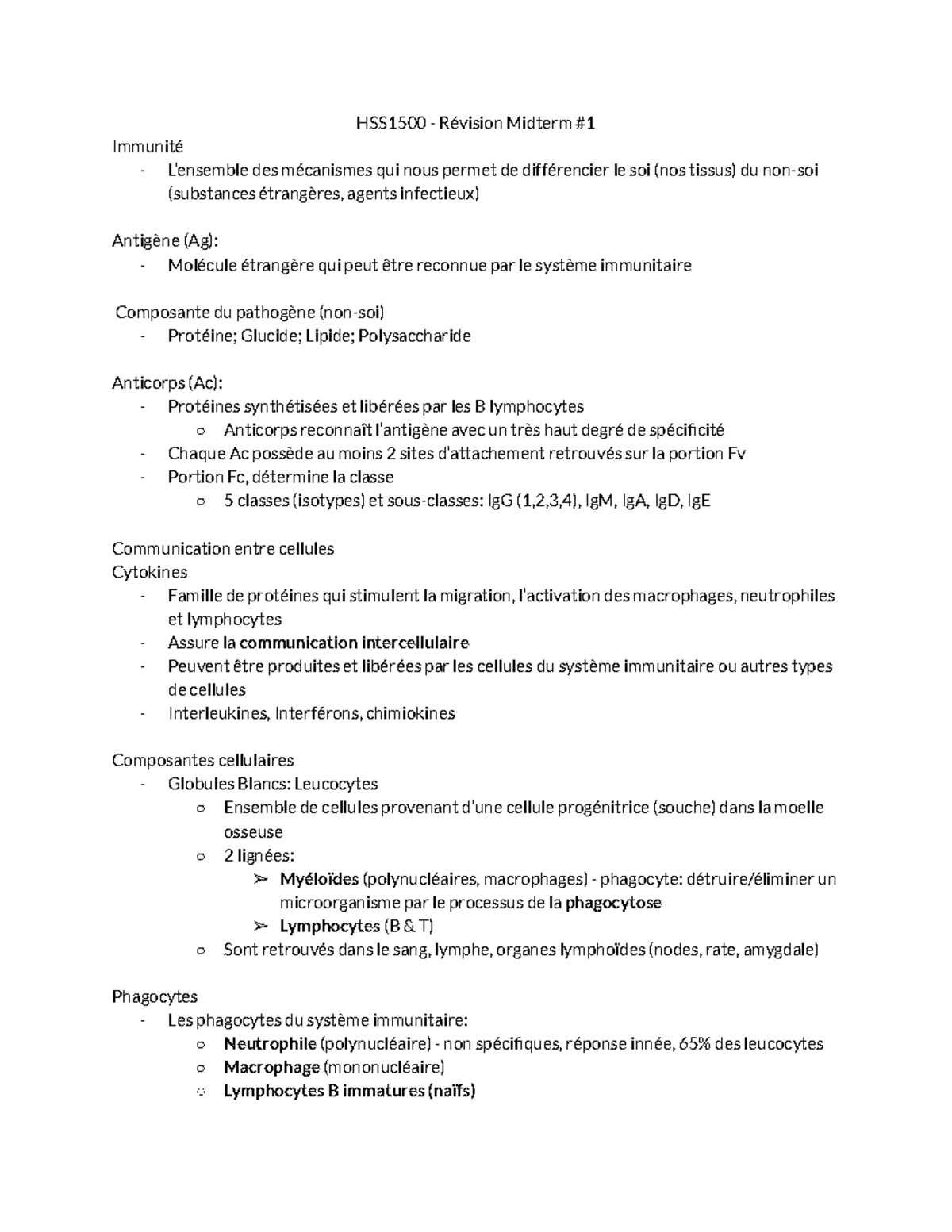 HSS1500 - Révision Midterm #1 - HSS1500 - Révision Midterm # Immunité L ...