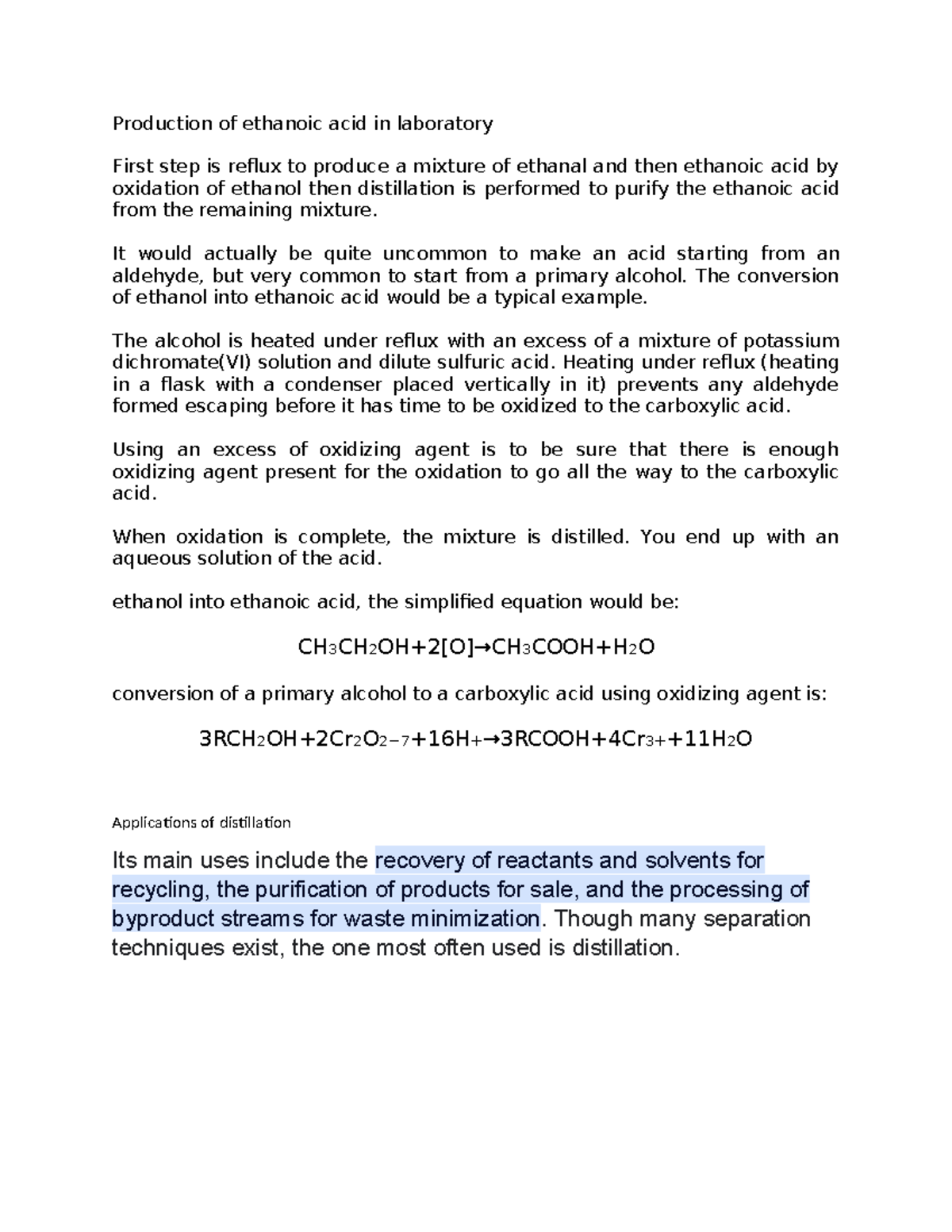 Production of ethanoic acid by reflux distillation process - Production ...