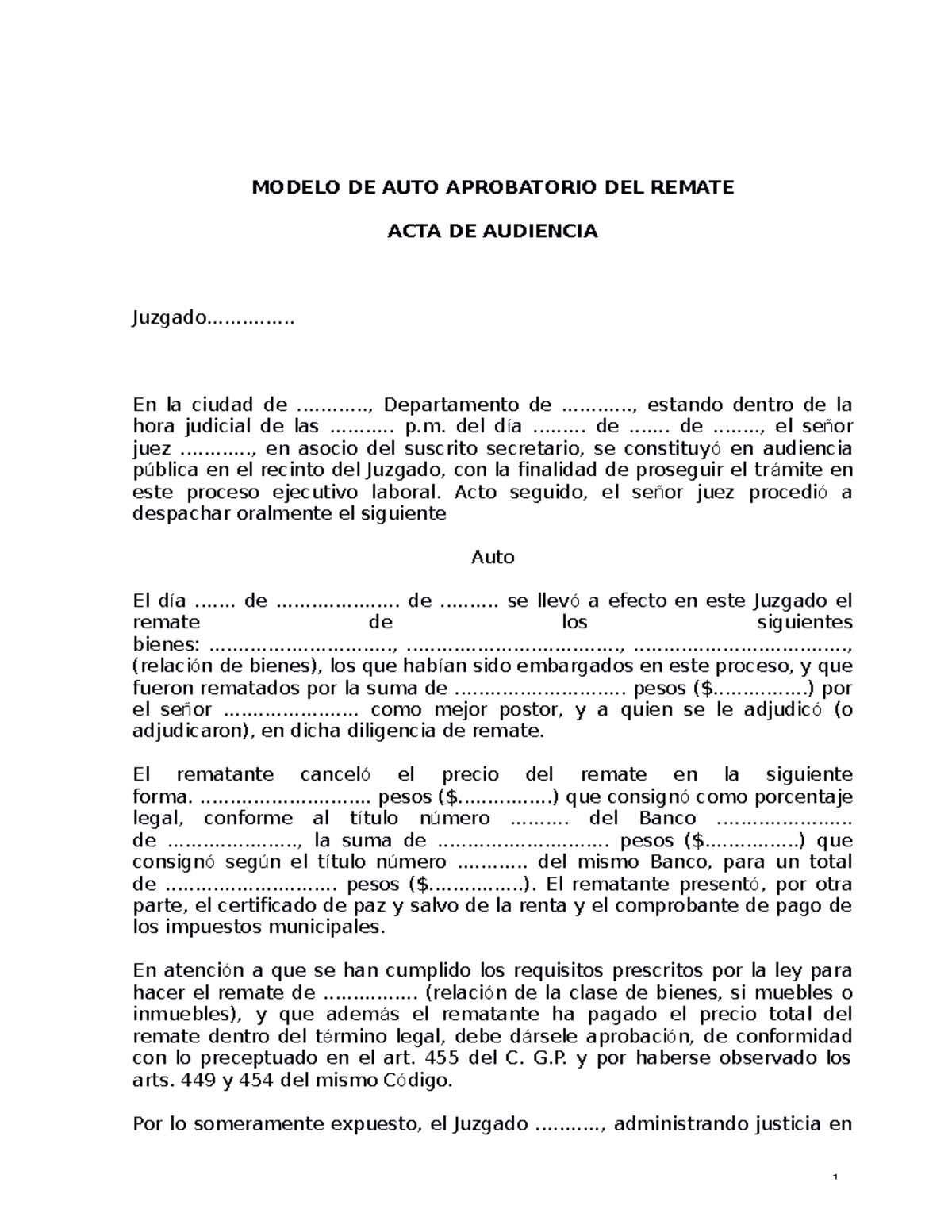 AUTO Aprobatorio DEL Remate - MODELO DE AUTO APROBATORIO DEL REMATE ...