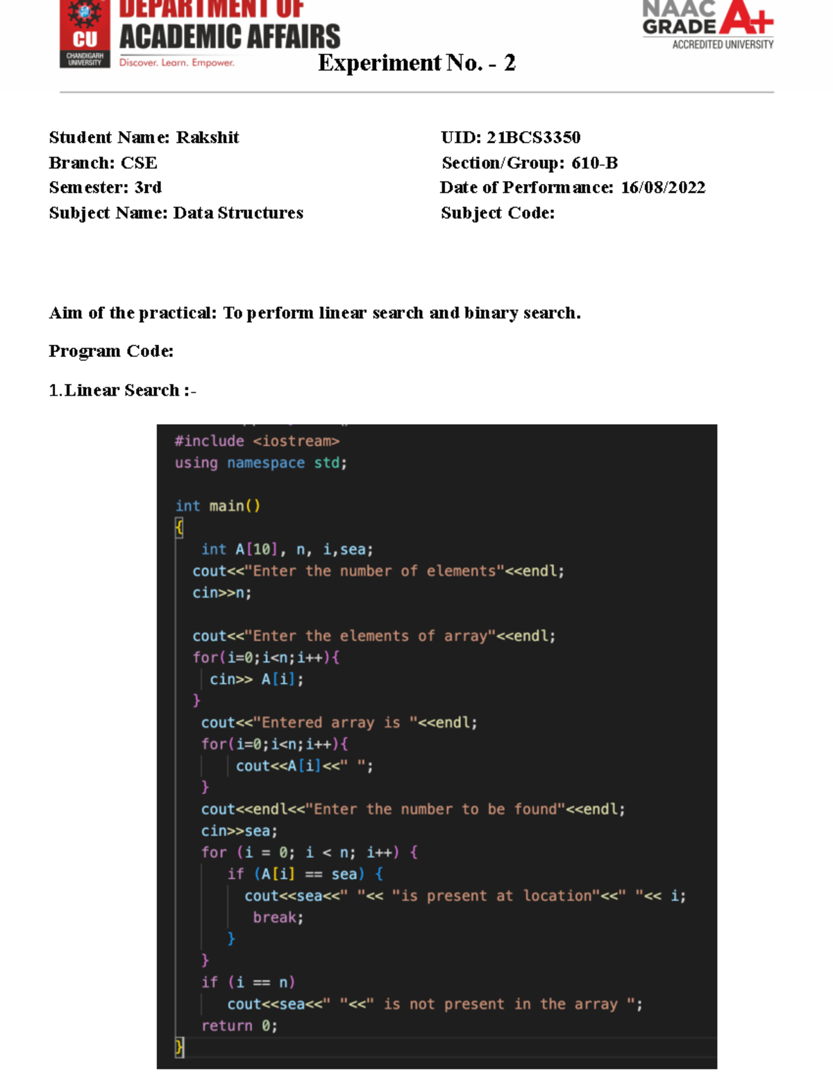Rakky DS - Fgder - Experiment No. - 2 Student Name: Rakshit UID: 21BCS ...