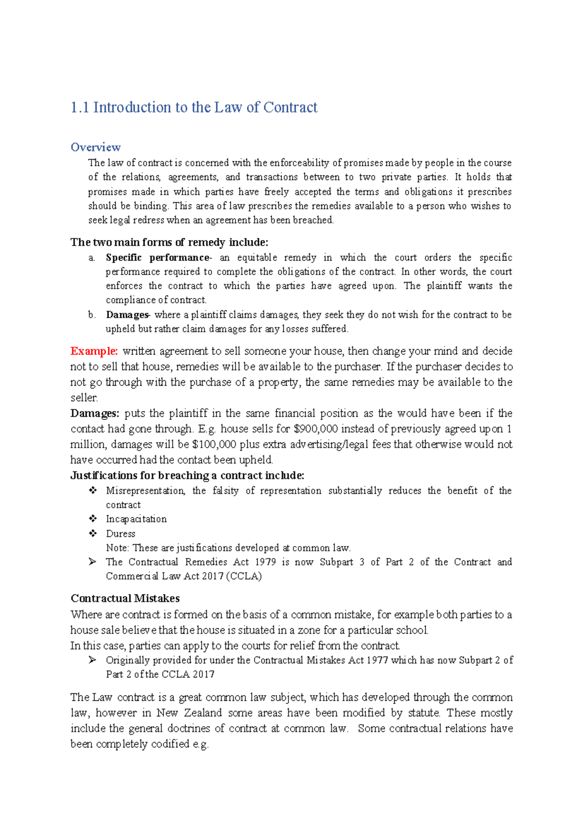 Contract Formation - 1 Introduction to the Law of Contract Overview The law of contract is ...