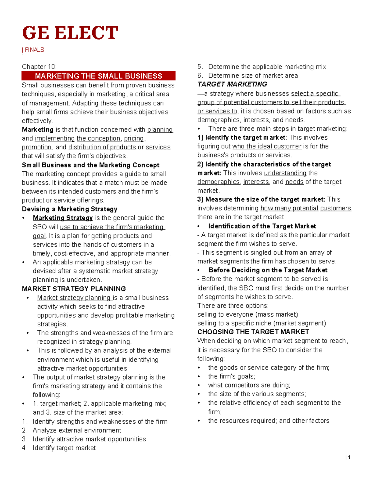 GE Elect( Finals) - entrep - GE ELECT | FINALS Chapter 10: MARKETING THE SMALL BUSINESS Small ...