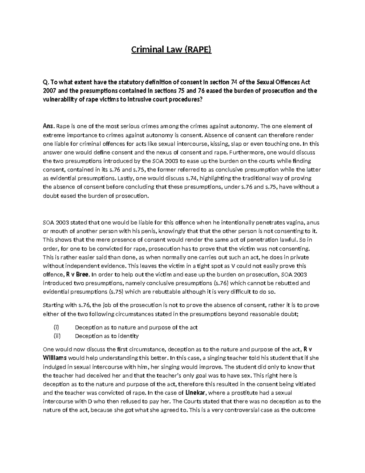 Sample answer rape - Criminal Law (RAPE) Q. To what extent have the ...