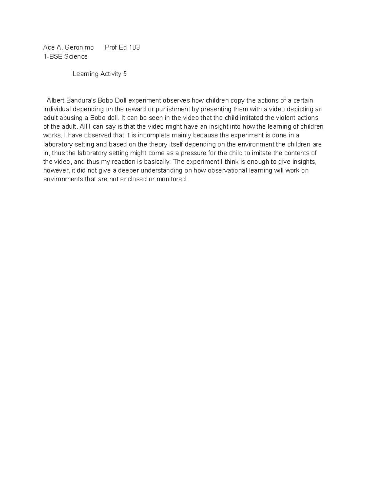 Bobo doll experiment - Ace A. Geronimo Prof Ed 103 1-BSE Science ...