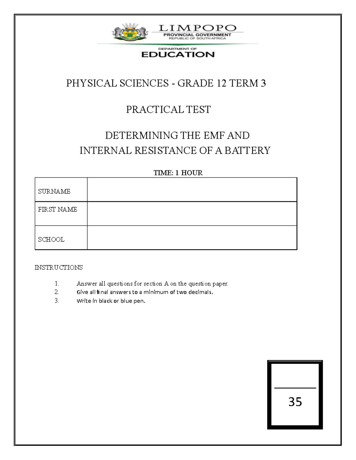 Gr12-Practical Test 2 2023 - PHYSICAL SCIENCES - GRADE 12 TERM 3 ...