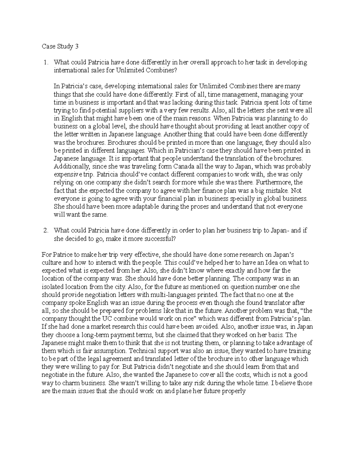 Case Study 3 sample - iii - Case Study 3 What could Patricia have done ...