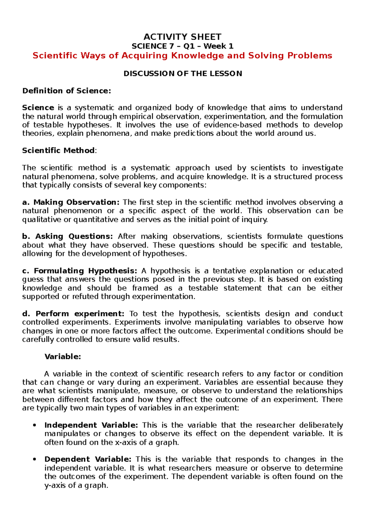 Activity Sheet - Sci 7 copy - ACTIVITY SHEET SCIENCE 7 – Q1 – Week 1 ...