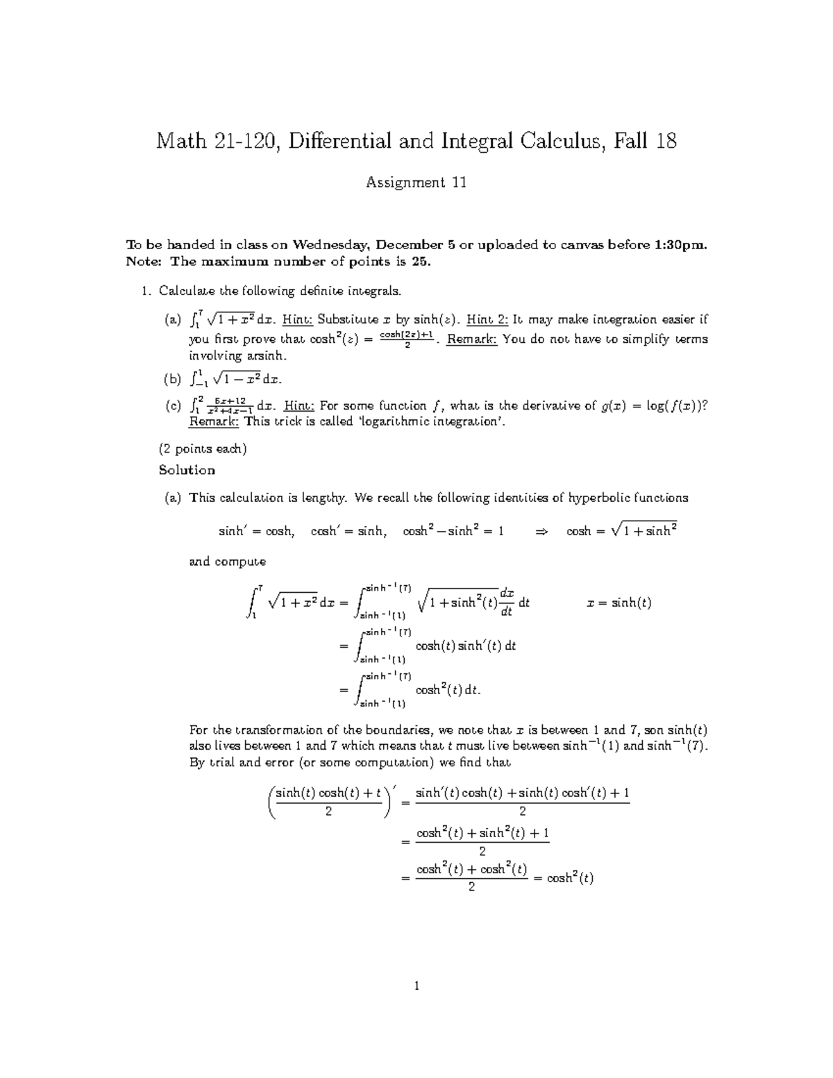 Homework Assignment 11 Answers - Math 21-120, Differential and Integral Calculus, Fall 18 ...