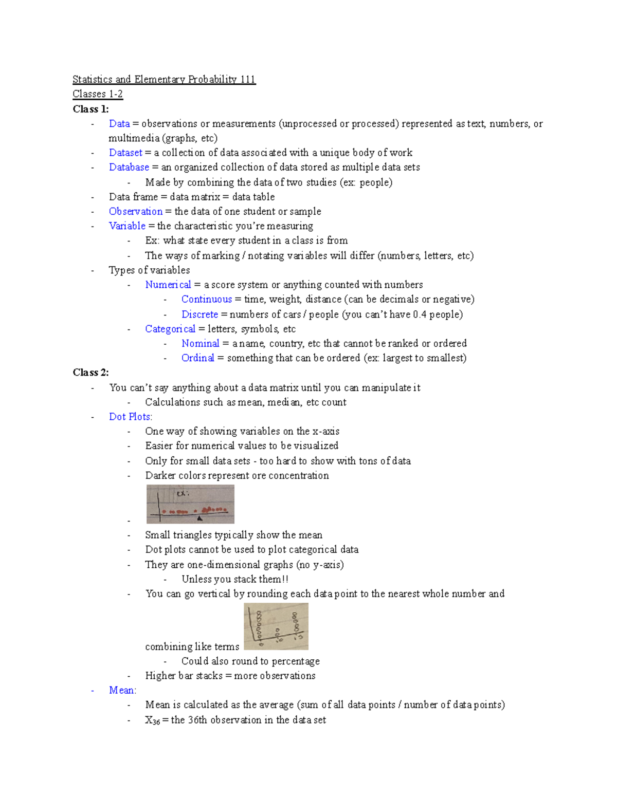 Stats 109 - classes 1-2 - Notes for the elementary statistics class of ...