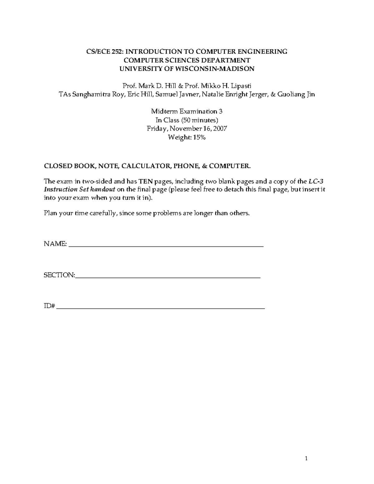 Exam3a sol - free of - CS/ECE 252: INTRODUCTION TO COMPUTER ENGINEERING COMPUTER SCIENCES ...