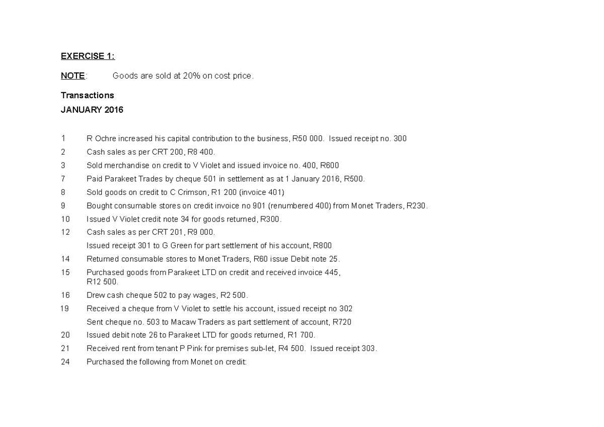 Subsidiary journals - EXERCISE 1: NOTE: Goods are sold at 20% on cost ...