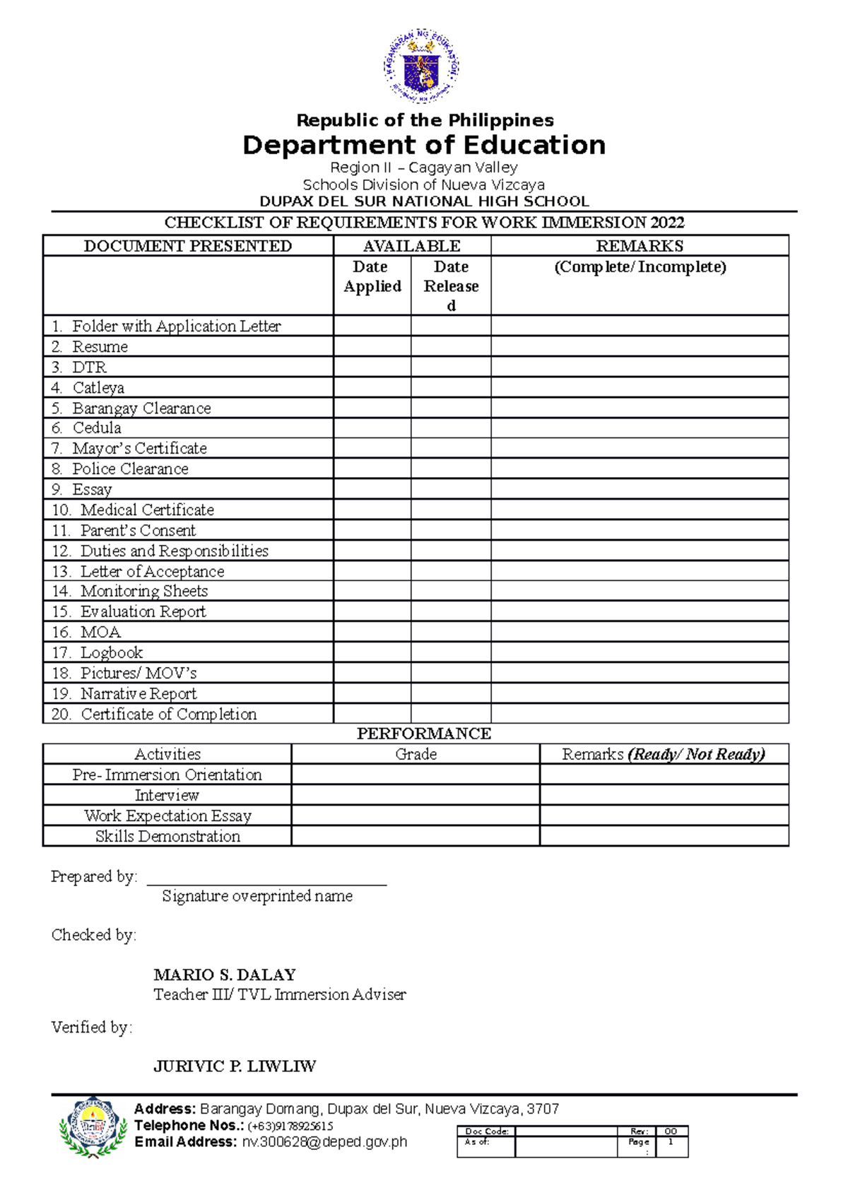 Work immersion program workbook - Department of Education Region II ...