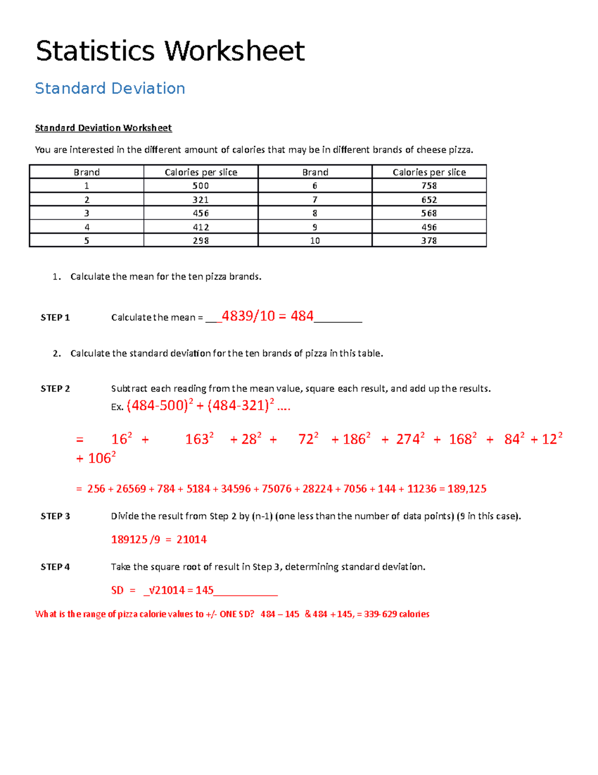 Statistics Worksheet Answer Key - Statistics Worksheet Standard ...